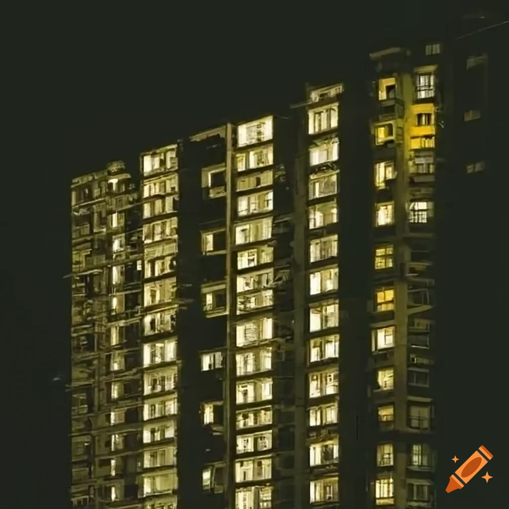 Abstract depiction of a russian apartment complex at night on Craiyon