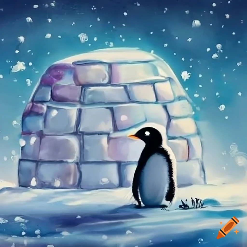 Penguins gathered around bonfire in igloo living room on Craiyon