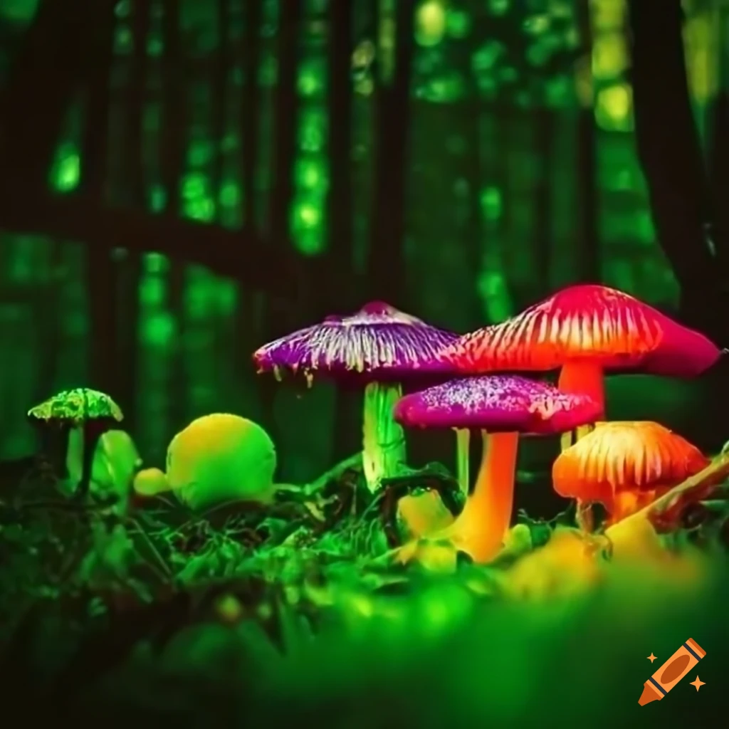 Colorful mushrooms and toadstools in a forest on Craiyon
