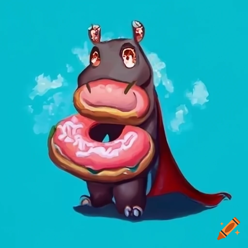 Illustration of a cute female superhero hippo with a doughnut on Craiyon