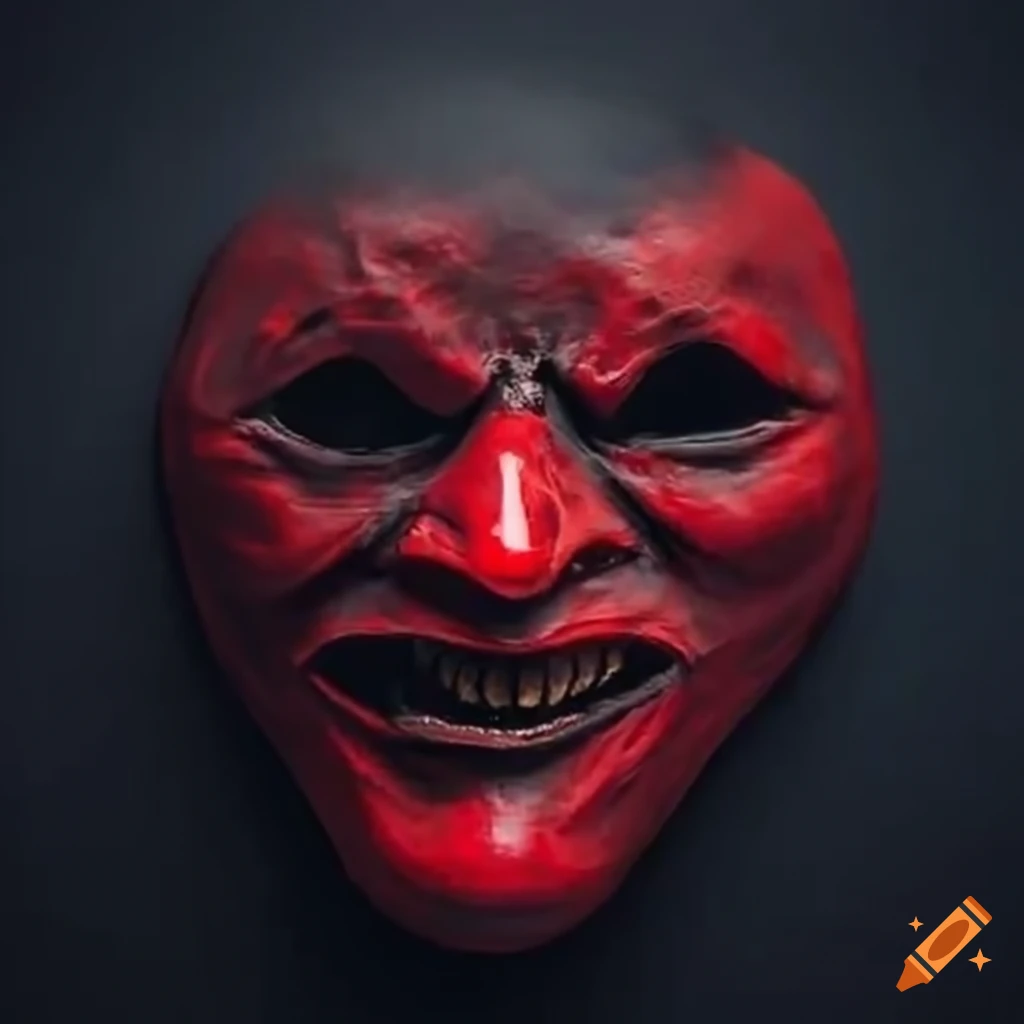 Red mask hanging on a black wall