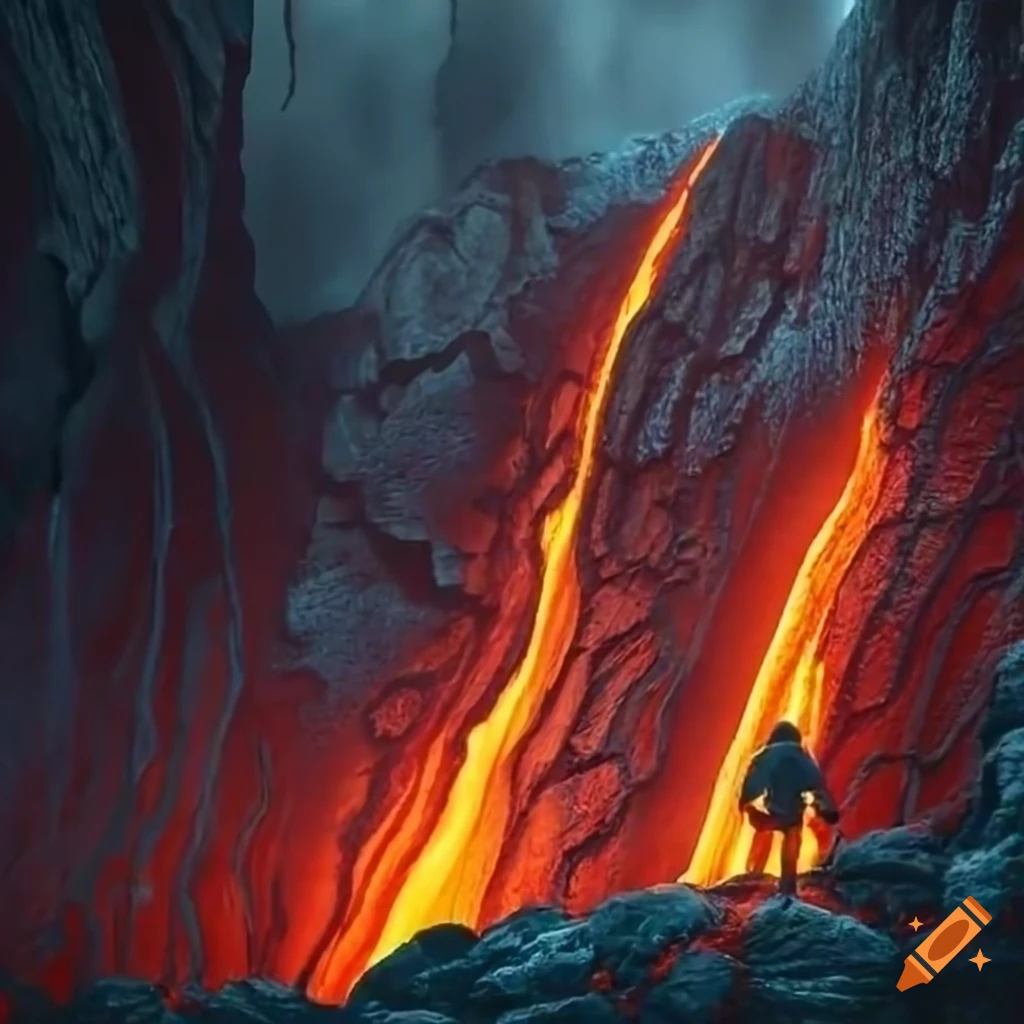 Man standing on lava rocks with chains on wrists and ankles, staring at ...