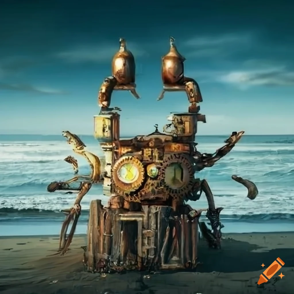 Surrealistic steampunk crab machines on the beach on Craiyon