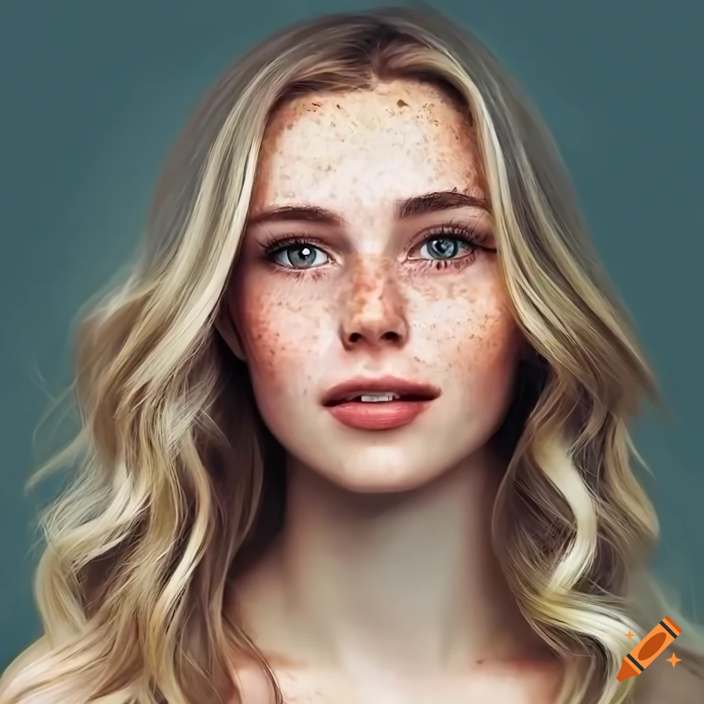 Portrait Of A Pretty Young Woman With Freckles And Wavy Blonde Hair On