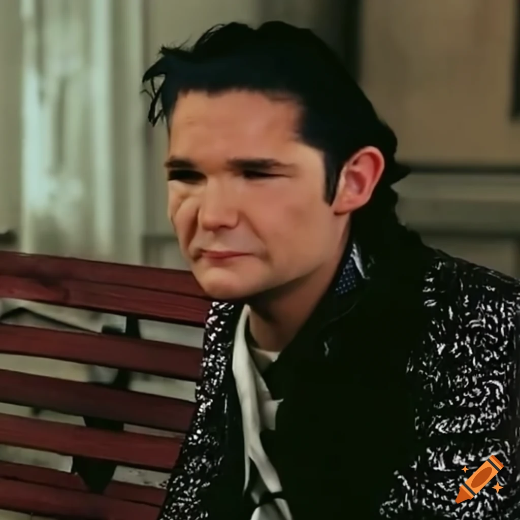Corey Feldman sitting on a bench in the rain on Craiyon
