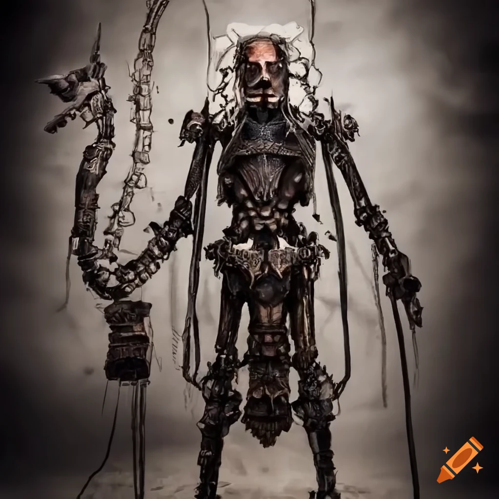 Illustration of a fierce bone robot warlock on Craiyon