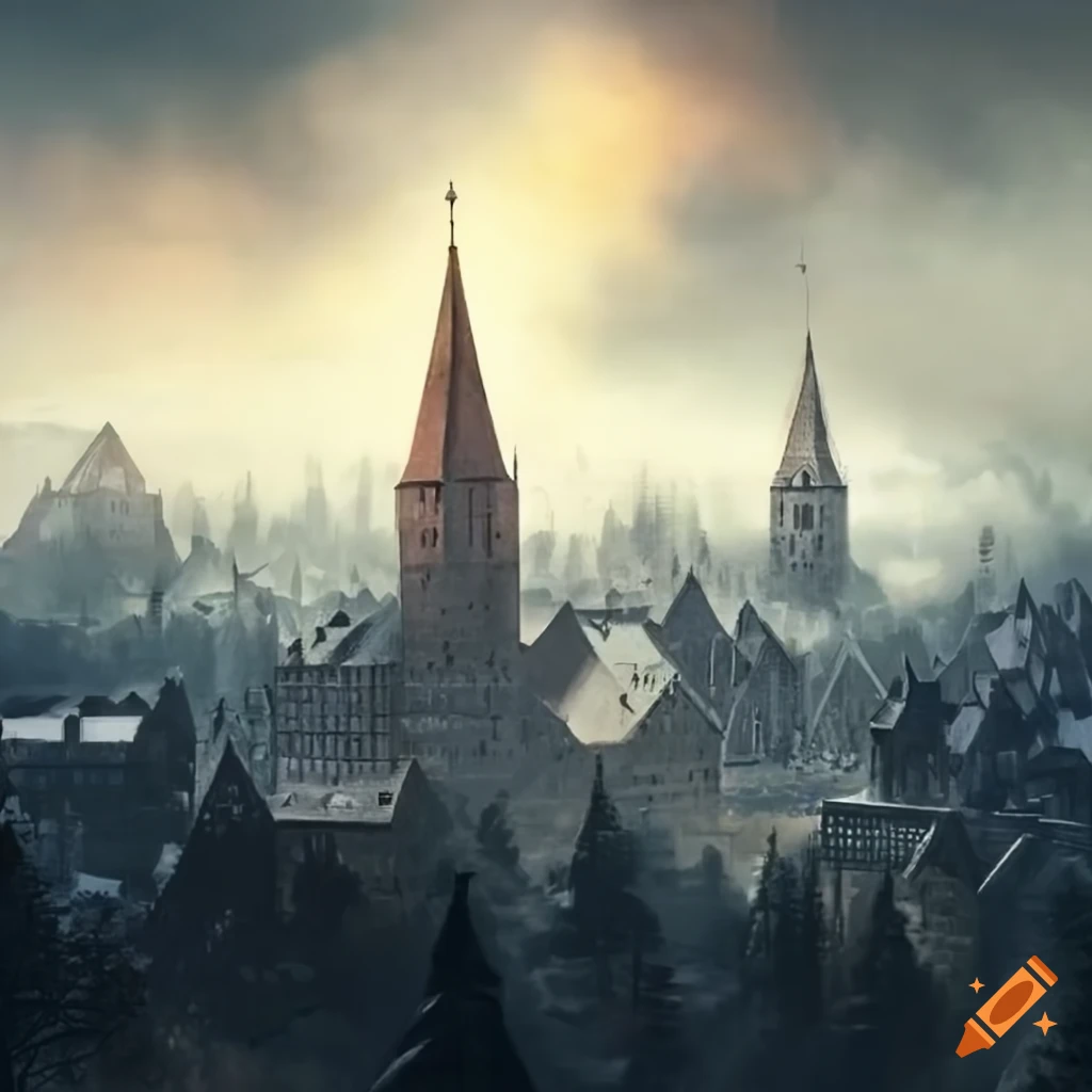 Medieval fantasy cityscape with dwarves and humans walking the streets ...
