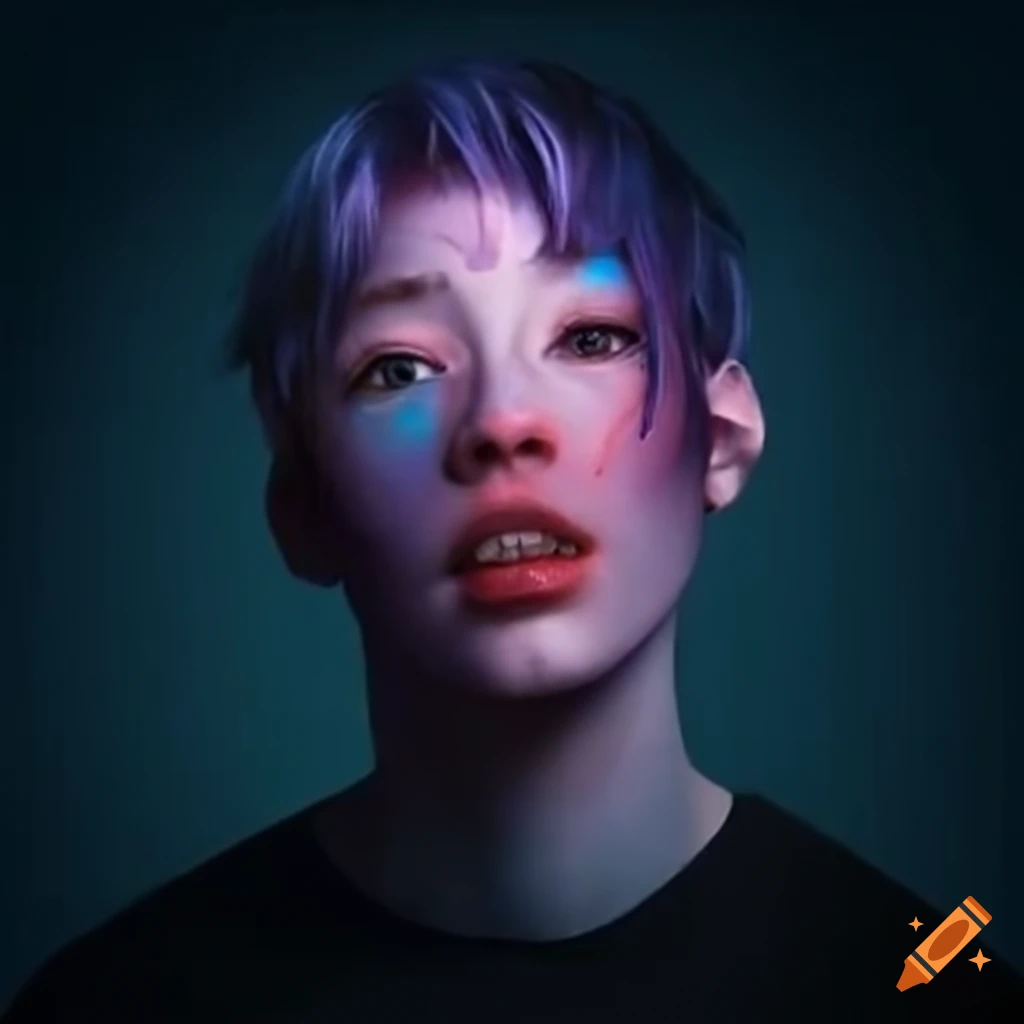 Blue-haired guy in a dark room on Craiyon