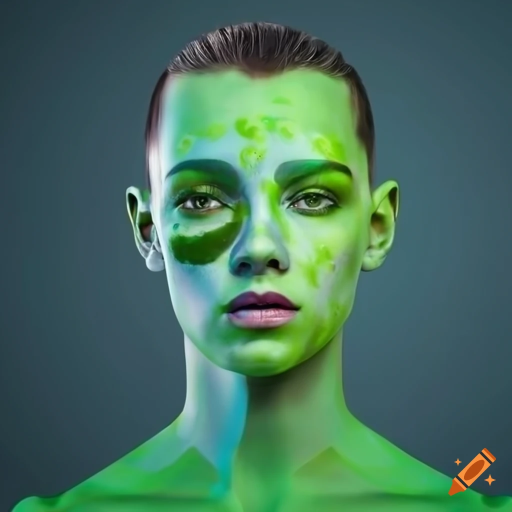 Futuristic portrait of a green person with a split face on Craiyon