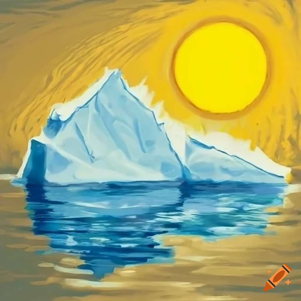 Iceberg floating with a yellow sun in the background on Craiyon