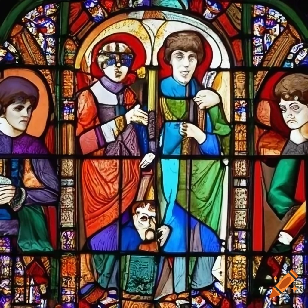 Circular stained glass artwork with guitar players, pianist, and ...