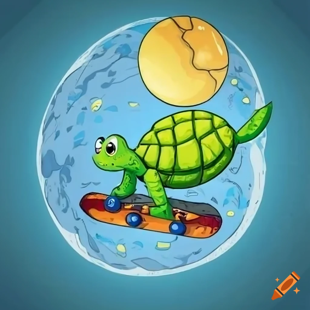 Illustration of a skateboarding turtle on the moon
