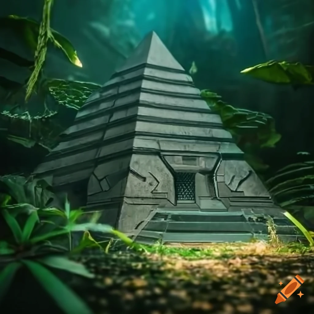 Exterior view of a sci-fi step pyramid in the jungle on Craiyon