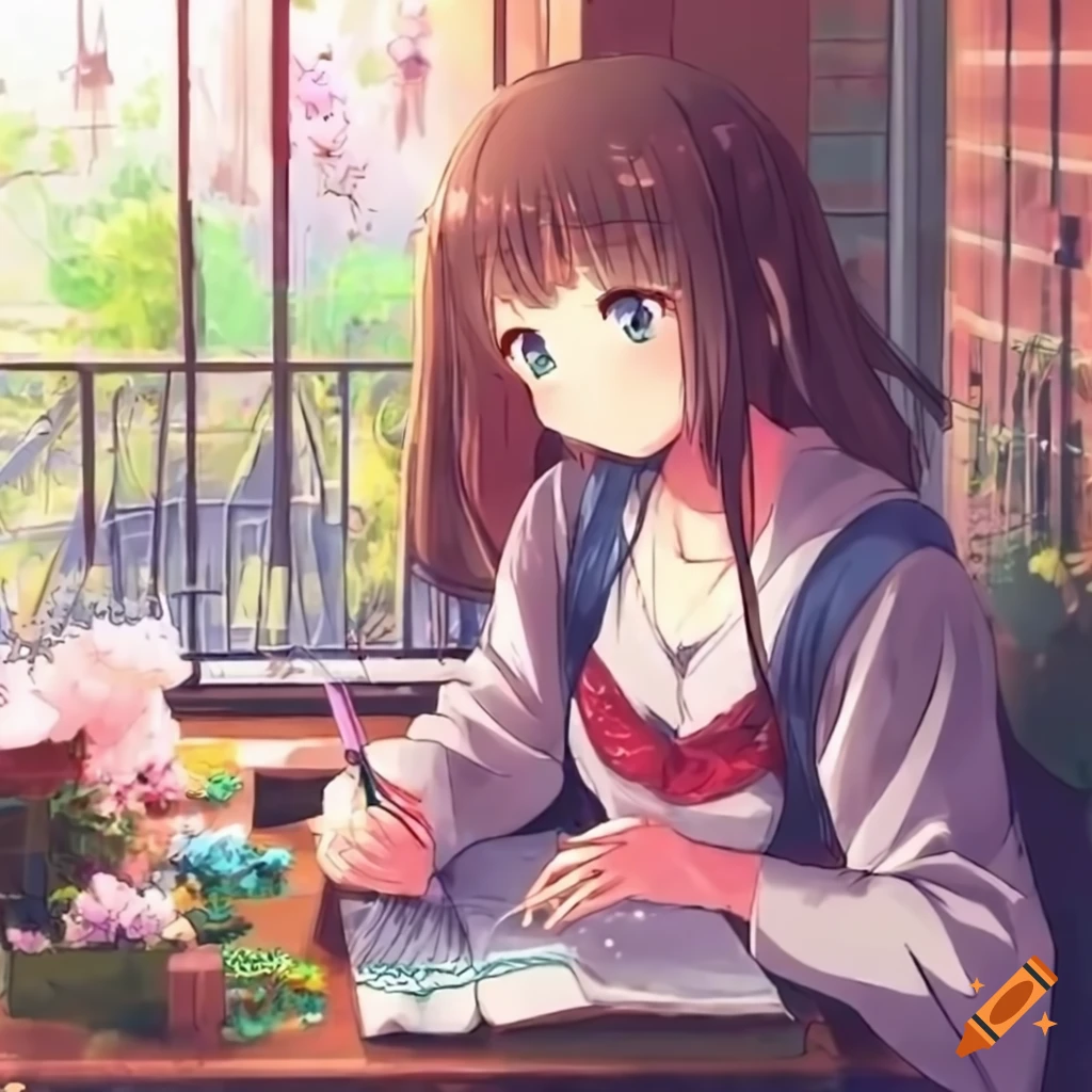 Anime girls studying at a flower-filled terrace in the rain
