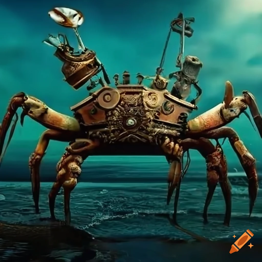 Surreal steampunk crab machines on the beach on Craiyon