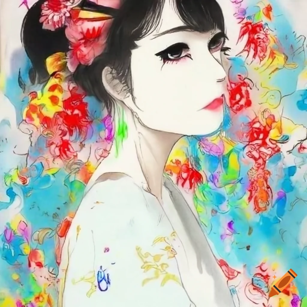 Colorful manga sketch of a Japanese woman in white on Craiyon