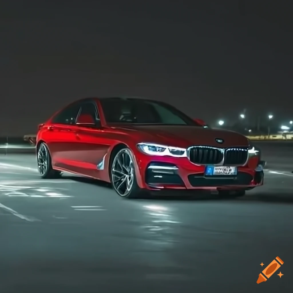Night capture of a Red BMW 5 series F90 in a parking lot on Craiyon