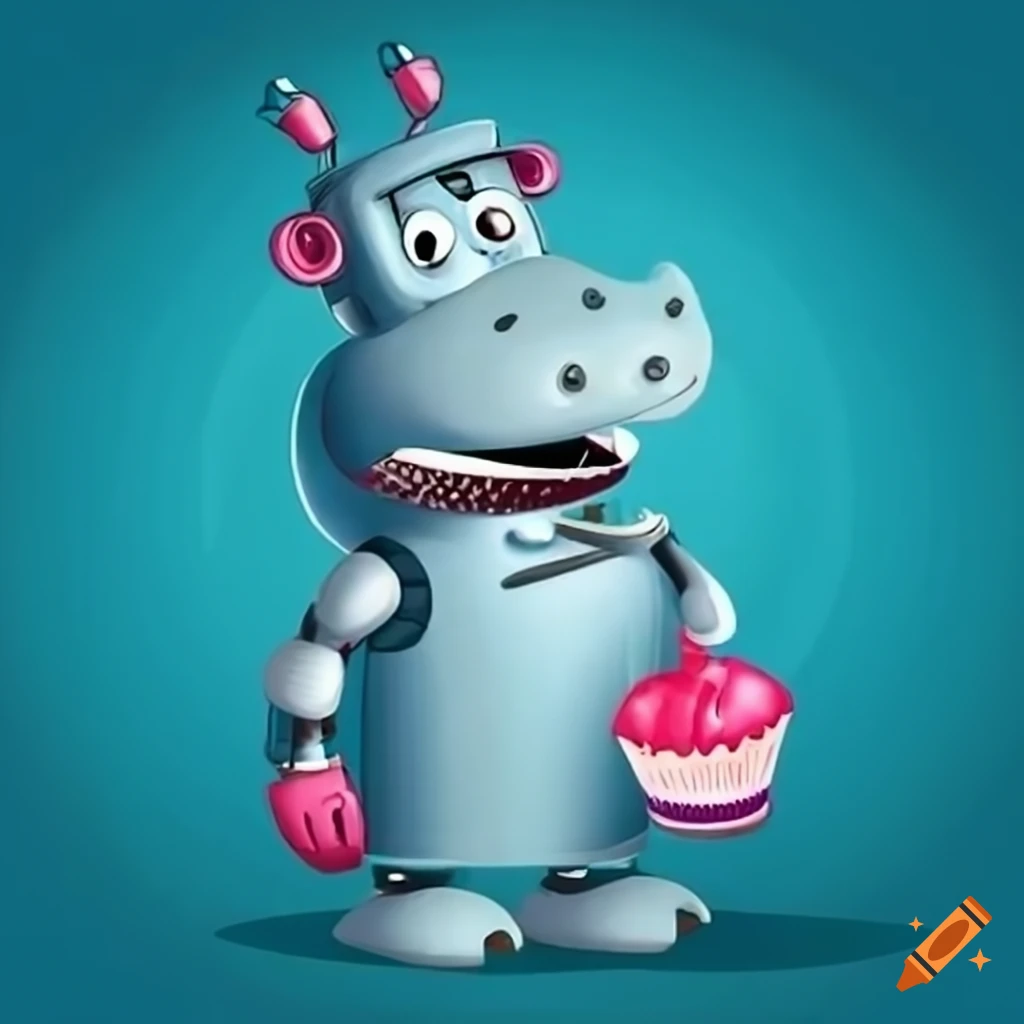 Cartoon robot doctor hippo with a cupcake on Craiyon