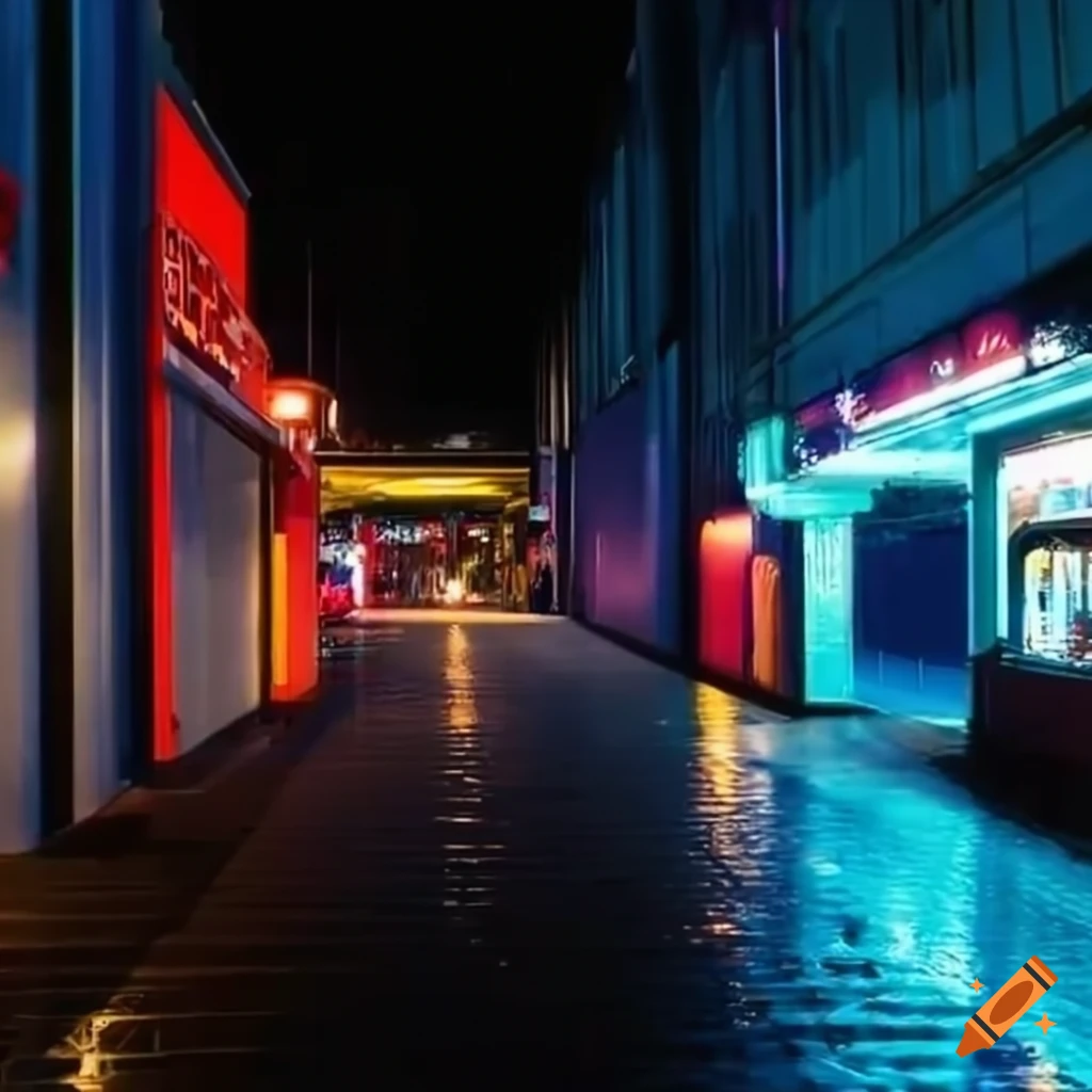 Strip mall with a vibrant arcade at night on Craiyon