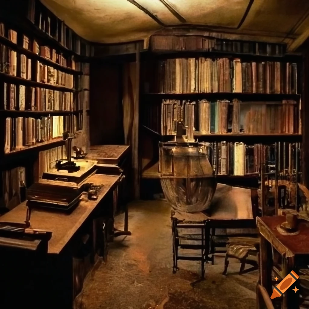 Image of a hidden library/laboratory in a basement on Craiyon