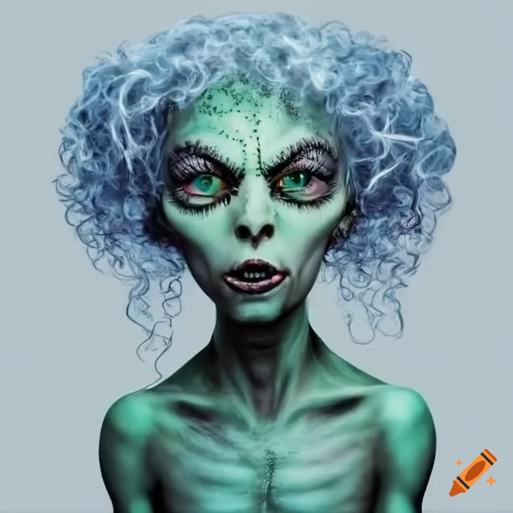 Smoking alien lady with curly black hair on Craiyon