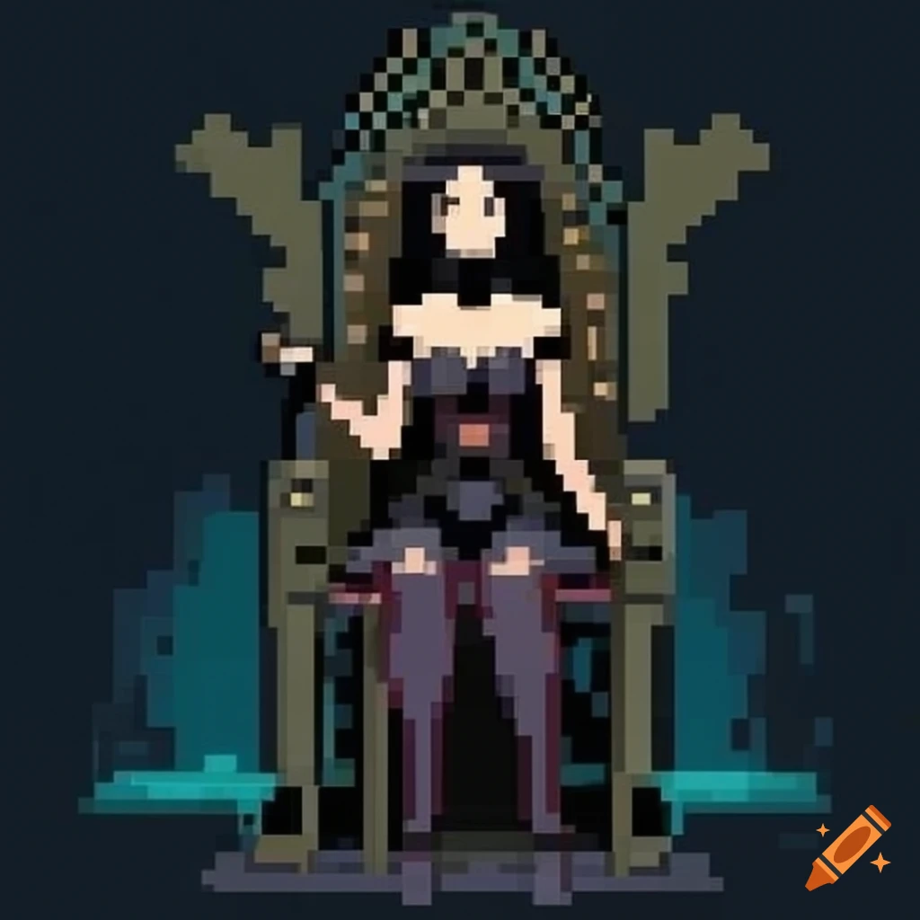 Pixel art of a woman sitting on a throne surrounded by crows on Craiyon