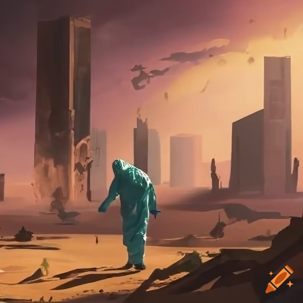 Dystopian landscape with hazmat-suited person on Craiyon
