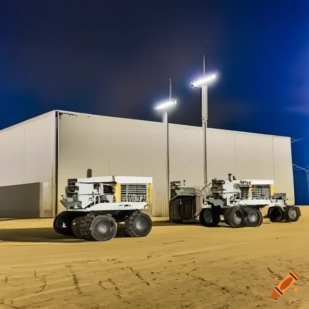 Photo of a robotic sentry vehicle in an industrial park on Craiyon