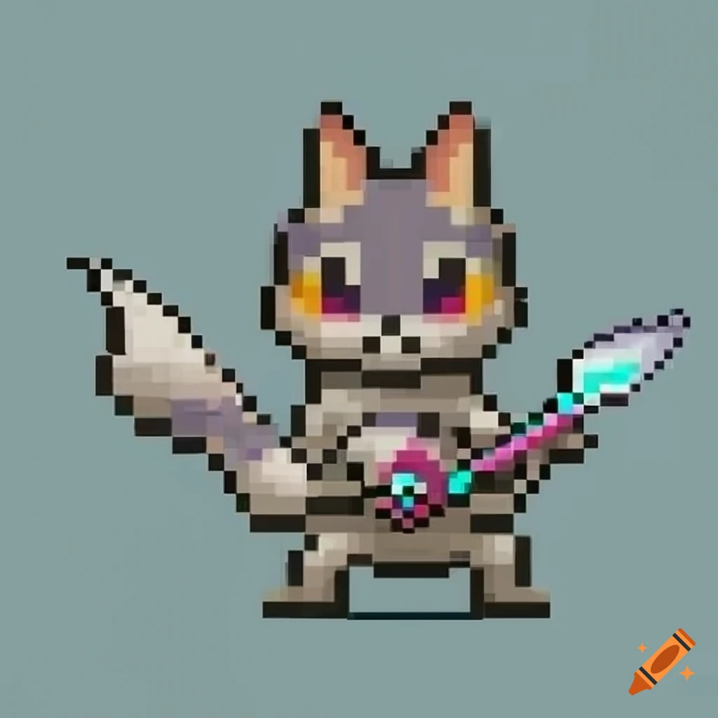 Pixel art of a cat with a weapon on Craiyon