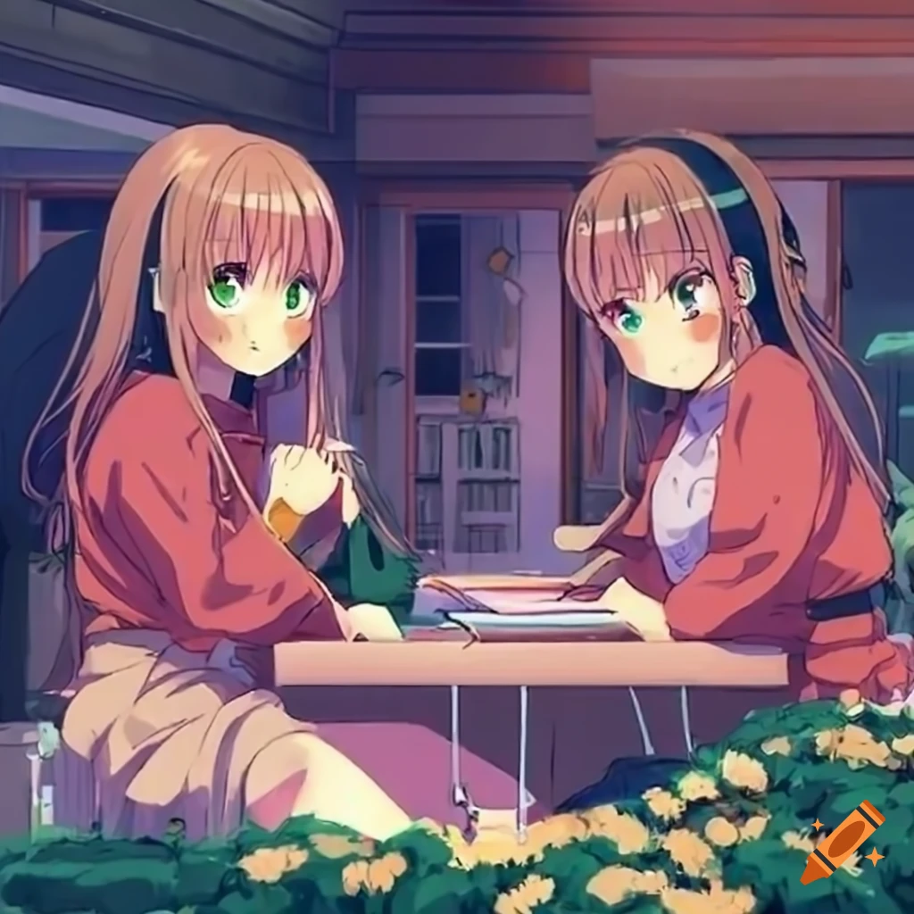 Cheerful group of anime girls studying together at a flower-filled ...