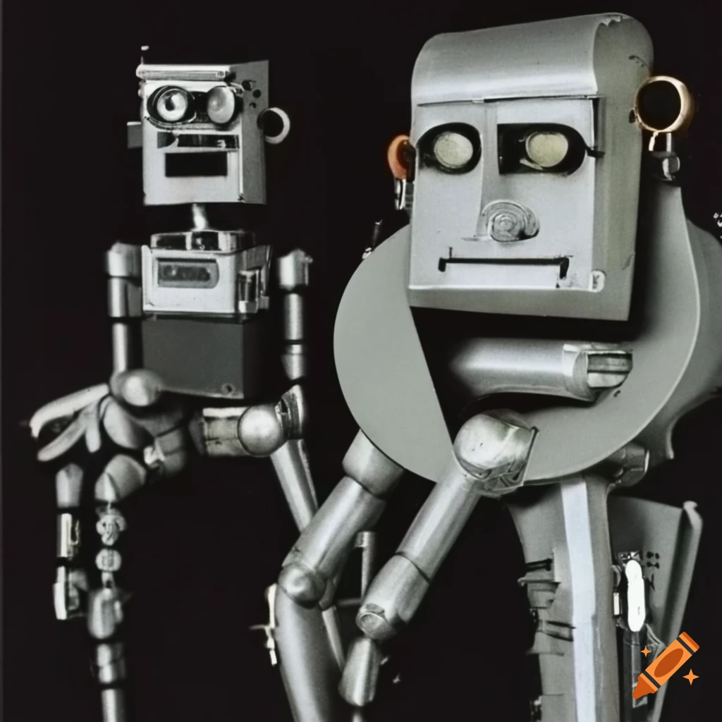Retrofuturistic minimalist metal robots with spiral faces