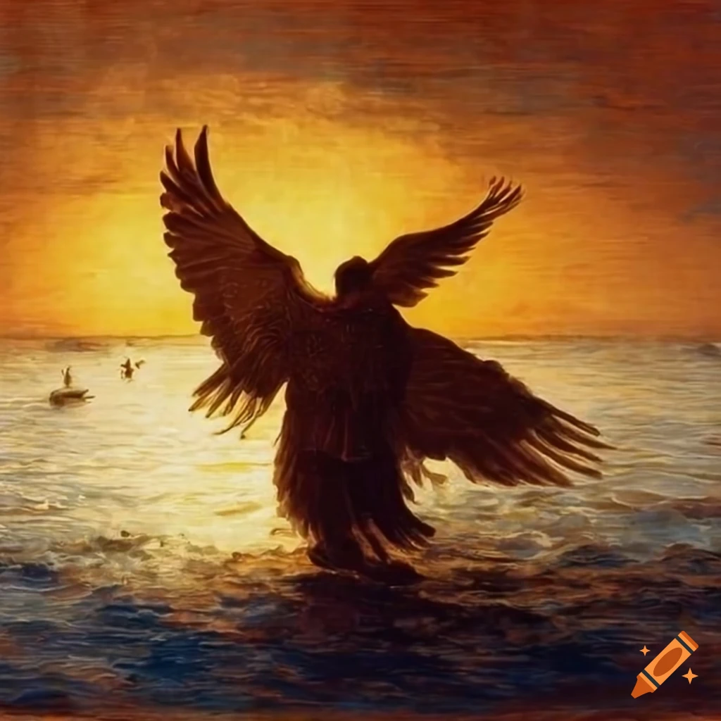 Surreal artwork of a man being carried by a flying eagle on Craiyon