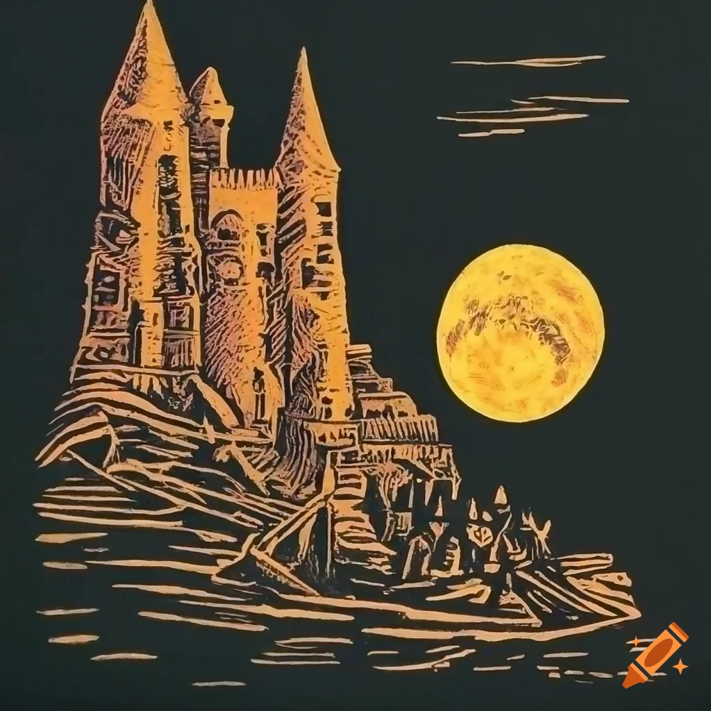 Linocut of a castle under a moonlit sky on Craiyon