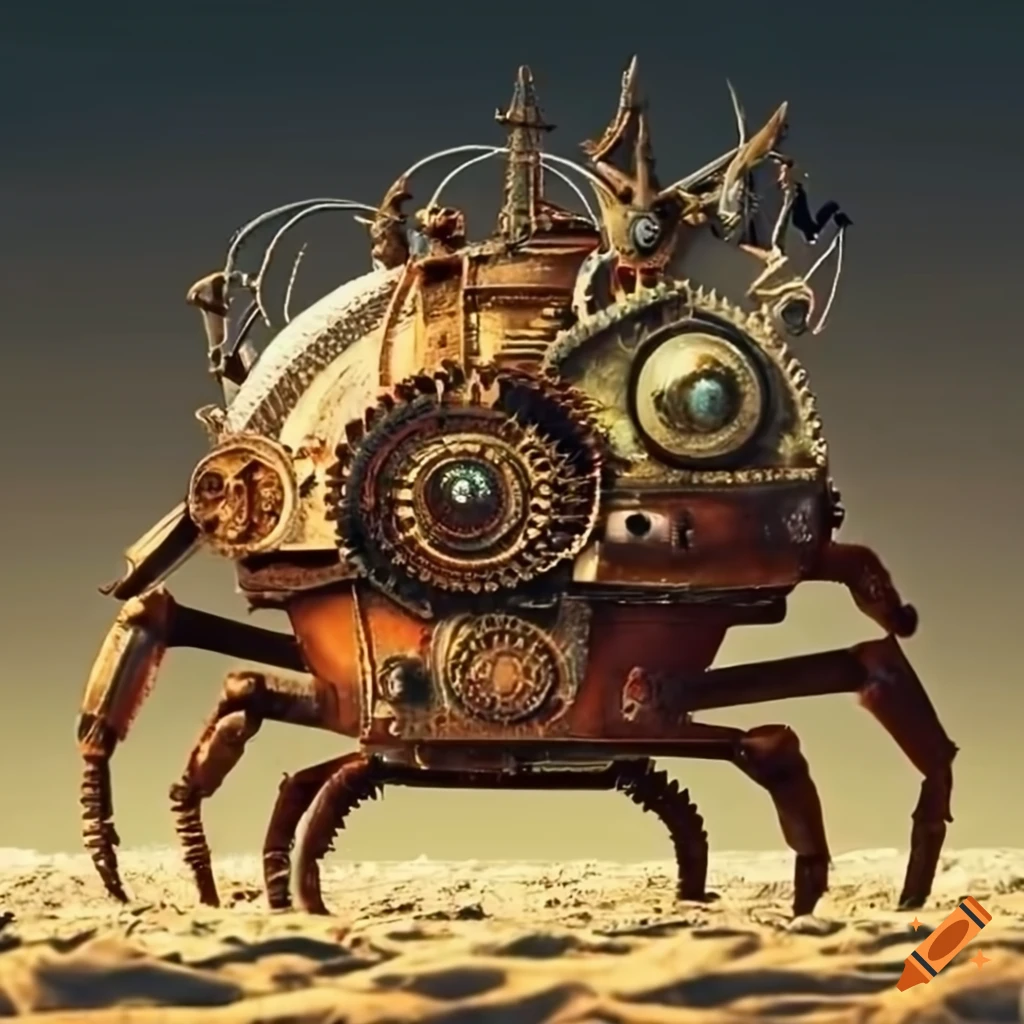 Surrealistic steampunk crab machines on the beach on Craiyon