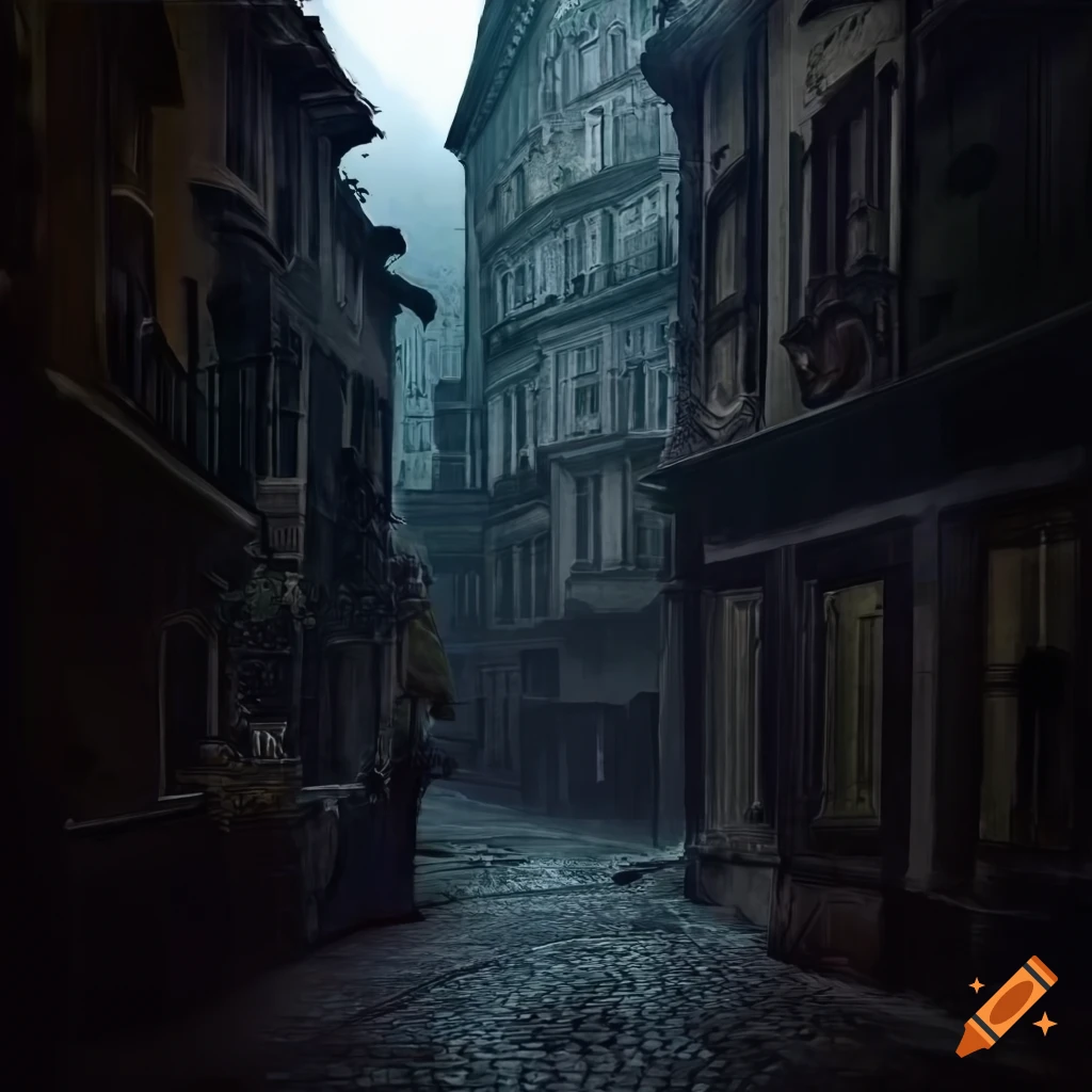 Dark and rugged old city street with grim shadows on Craiyon