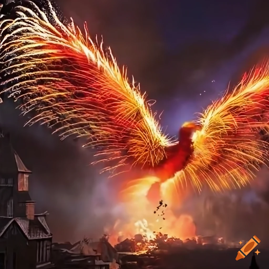 Fantasy artwork of a phoenix rising amid fireworks and northern lights ...