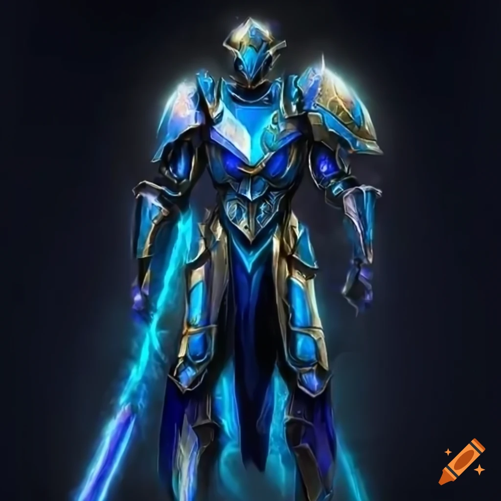 Abstract depiction of a blue and gold armored paladin on Craiyon