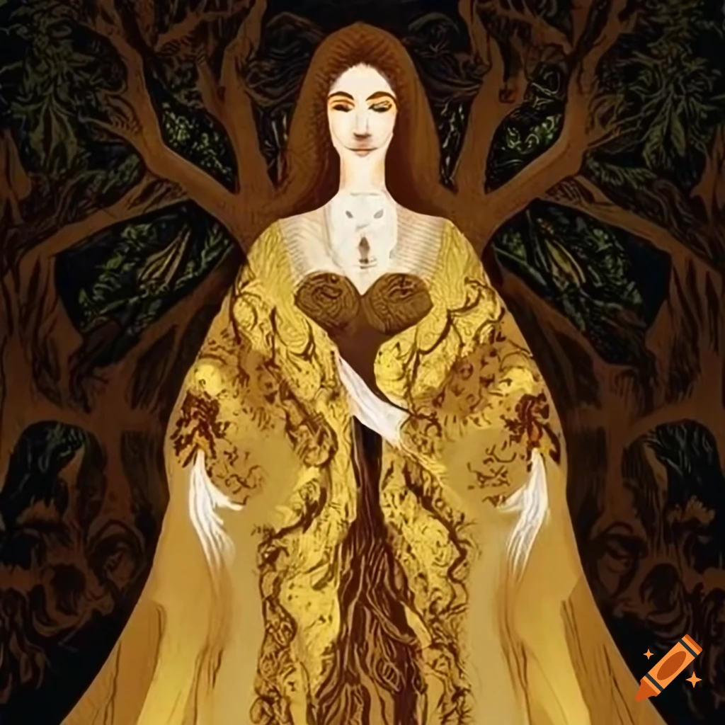 Mystical woman in golden robe in oak forest