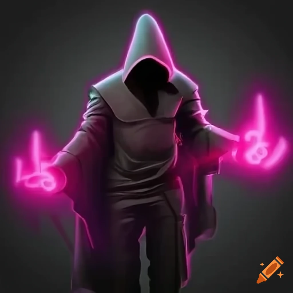 Digital art of a mysterious cloaked man with glowing red eyes and a ...