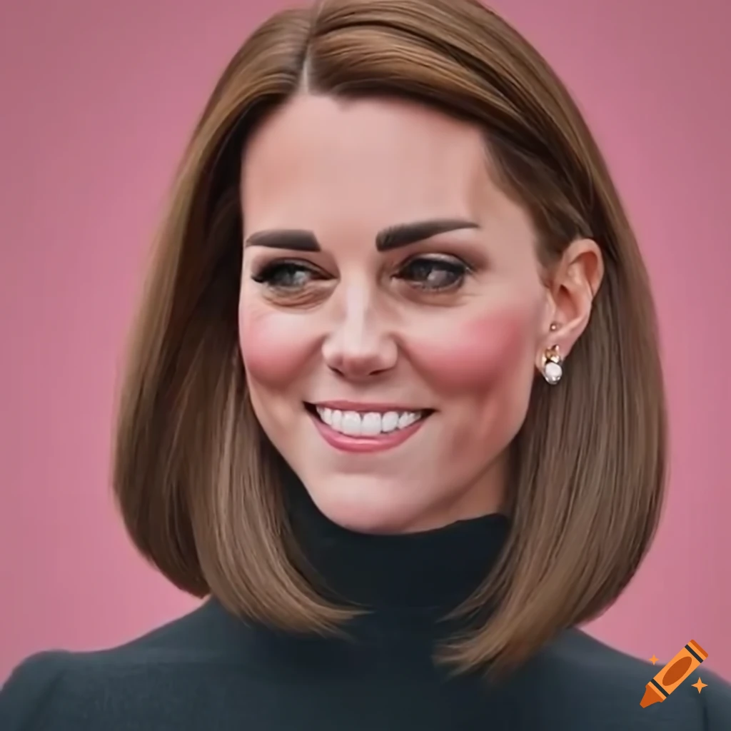 Kate Middleton with a sleek bob haircut and black turtleneck sweater on ...