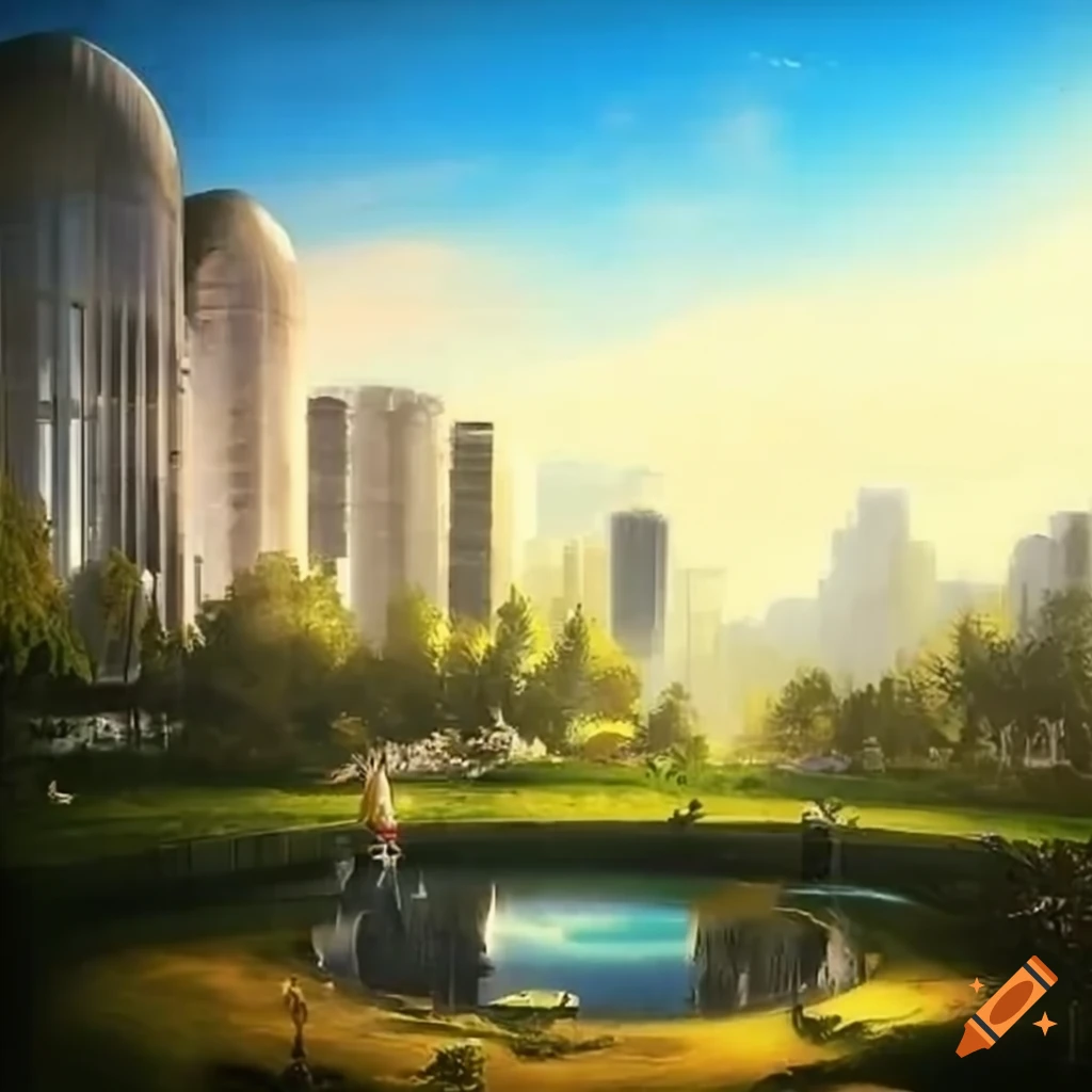 Vue of a futuristic city with round buildings and a swimming pool on ...