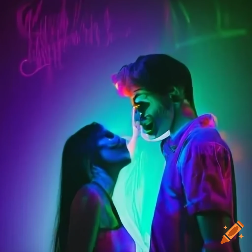 Neon-lit party with a couple hugging