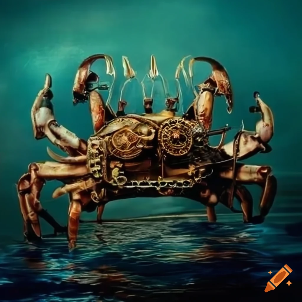 Surrealistic steampunk crab machines on the beach on Craiyon