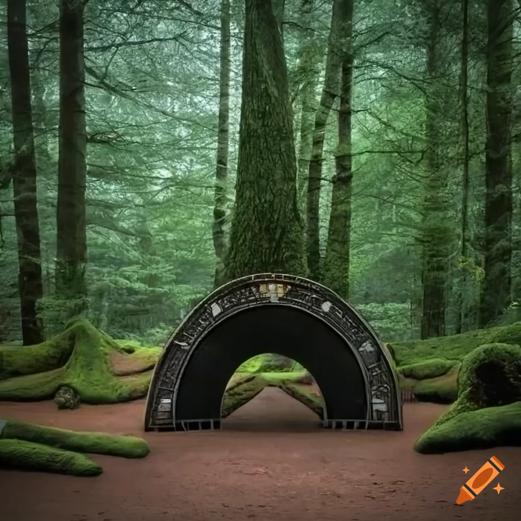Detailed image of a partially covered stargate in a forest on Craiyon
