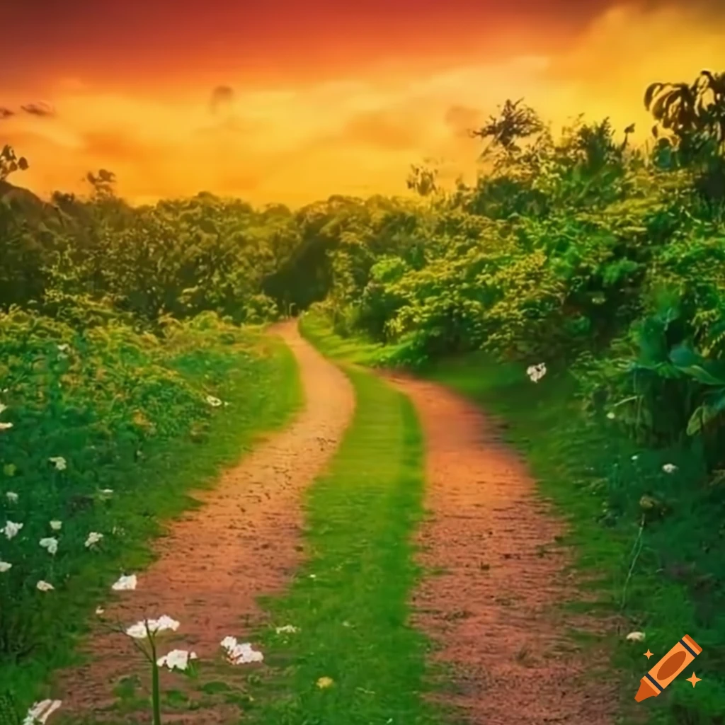 A path through a field of colorful flowers on Craiyon