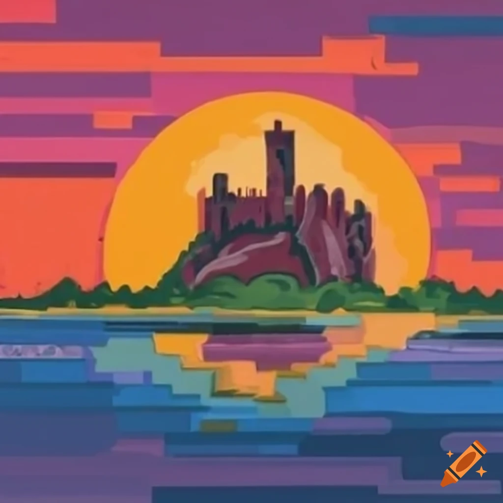 Impressionist painting of a lake with a medieval castle and an eclipse ...