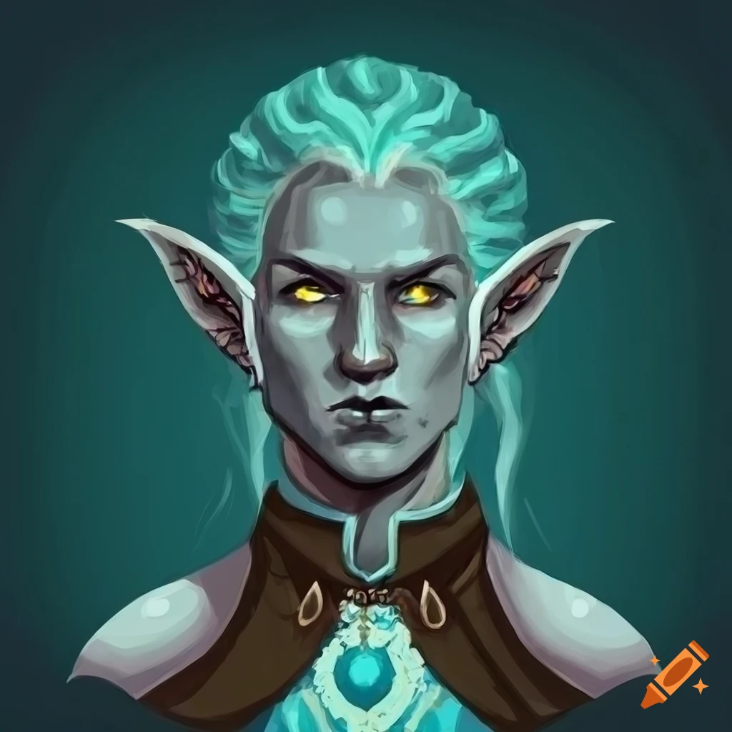 Tall pale male elf with flame wreath and glowing red eyes in fantasy ...