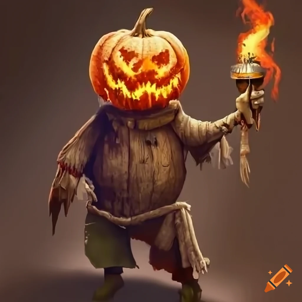 Scarecrow with pumpkin head and torch on Craiyon
