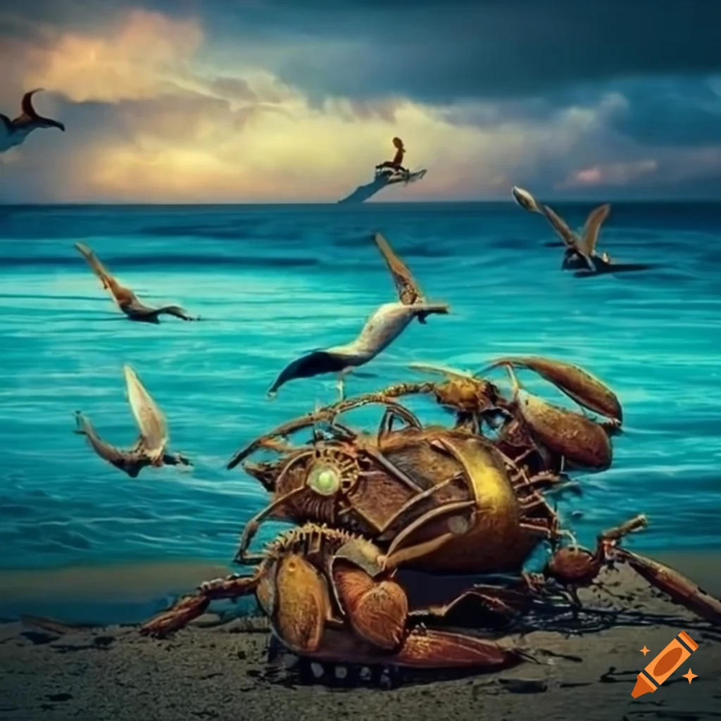 Surrealistic steampunk crab machines on the beach on Craiyon
