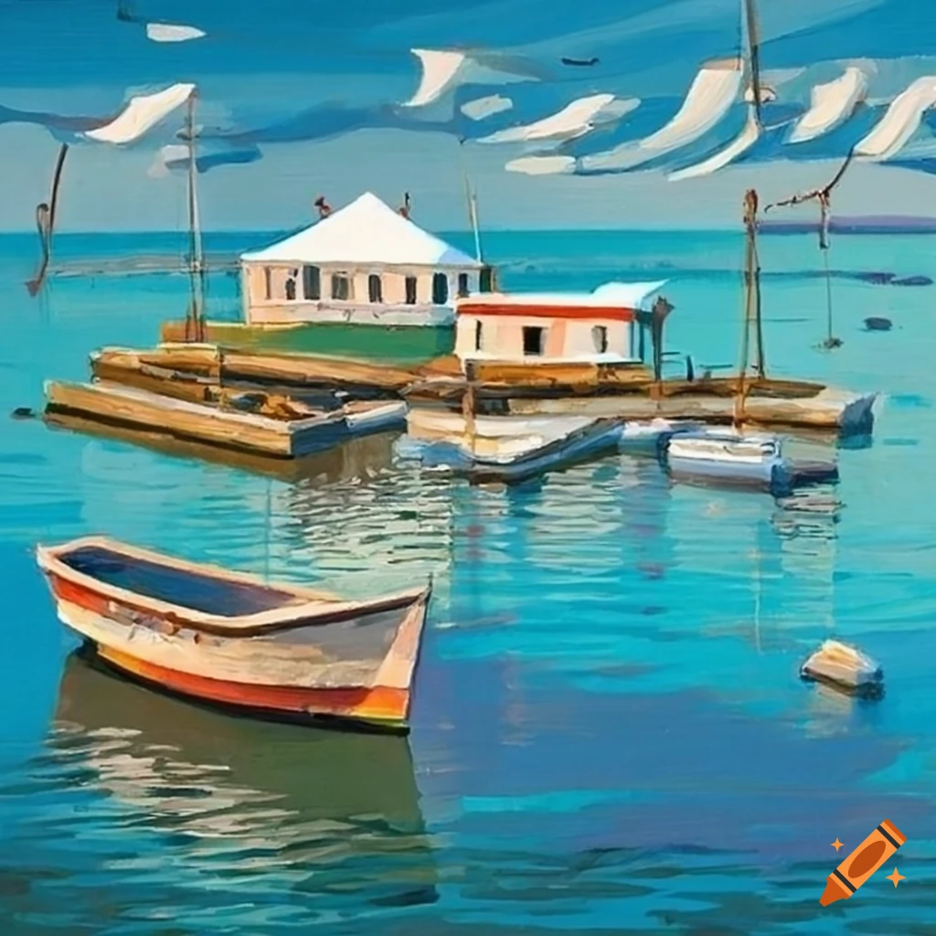 Painting of a Bermuda cottage with wooden fishing boats on Craiyon